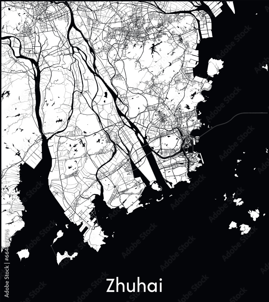 Zhuhai Minimal City Map (China, Asia) black white vector illustration ...