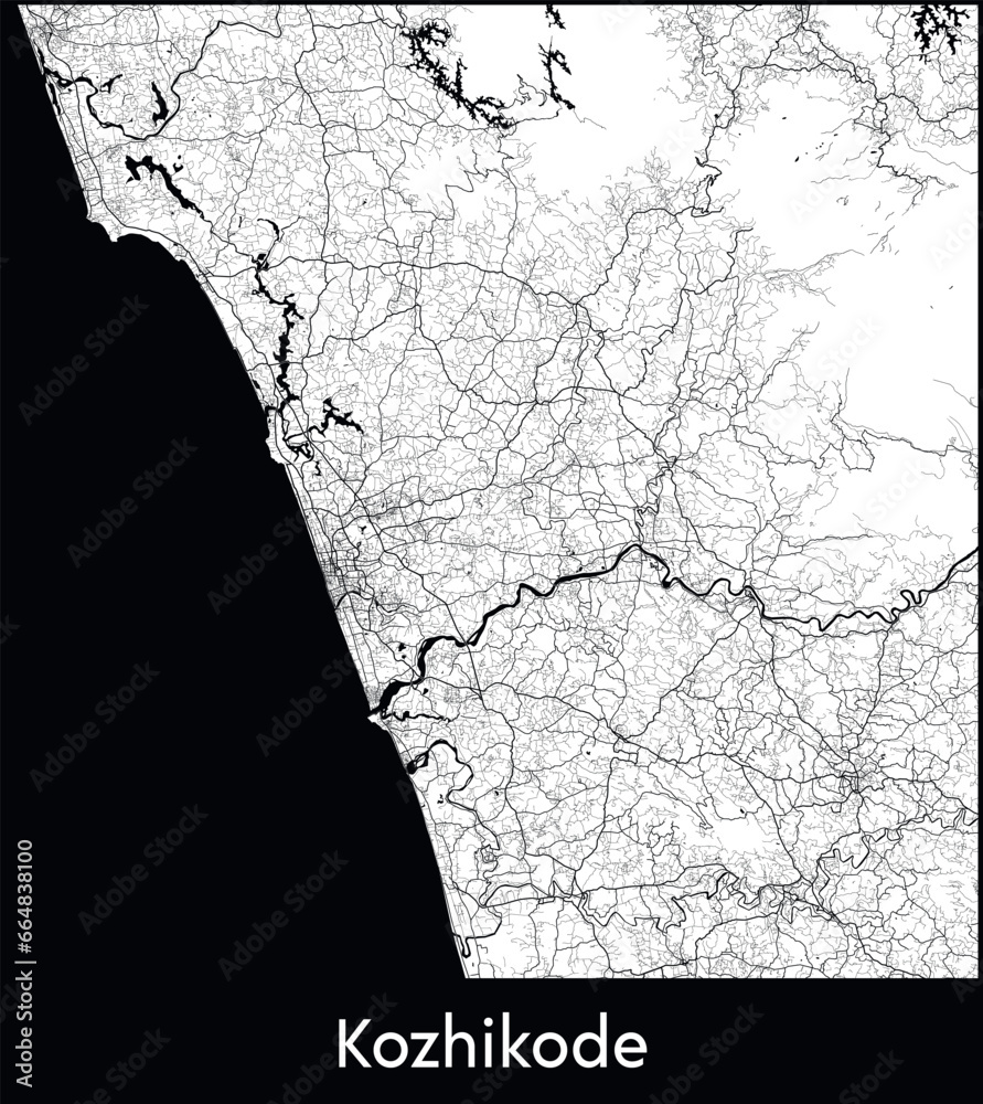 Kozhikode Minimal City Map (India, Asia) black white vector ...