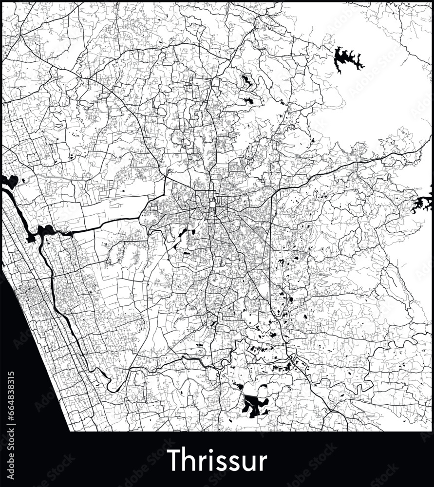 Thrissur Minimal City Map (India, Asia) black white vector illustration ...