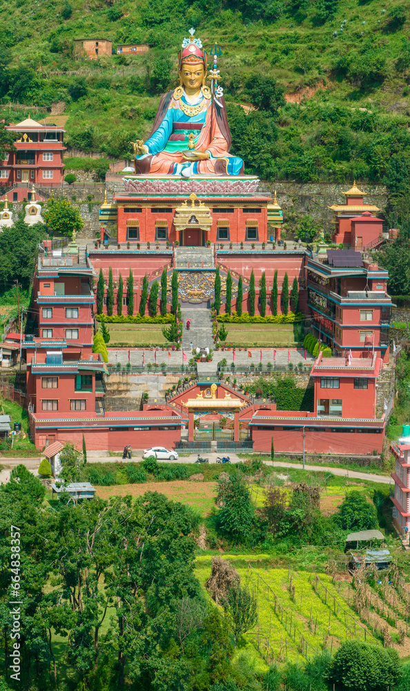 Aerial view of The biggest Guru Rinpoche Statue in Nepal, located in ...
