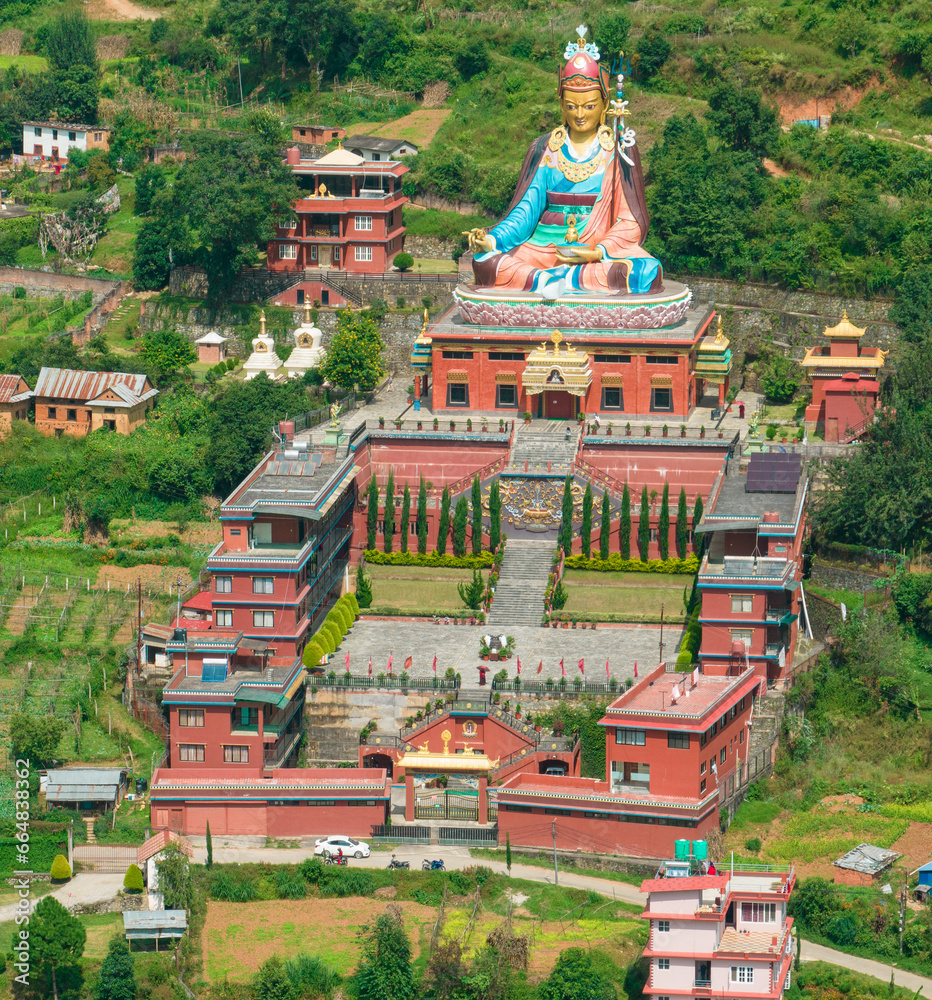 Aerial view of The biggest Guru Rinpoche Statue in Nepal, located in ...