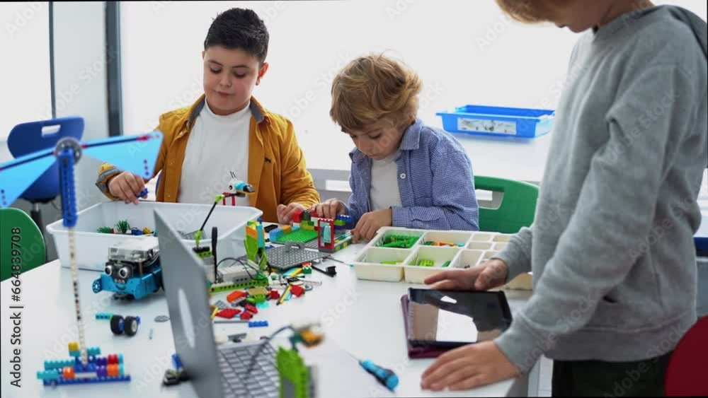 Robotics programming class. Children construct and code Robot. STEM ...