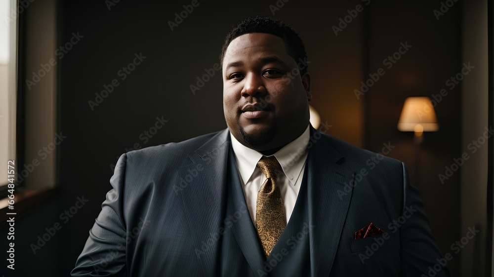 Fat black male model in a luxury suit. Represent a powerful businessman ...