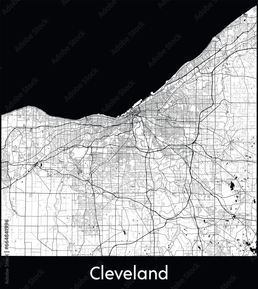 Cleveland Minimal City Map (United States, North America) black white ...
