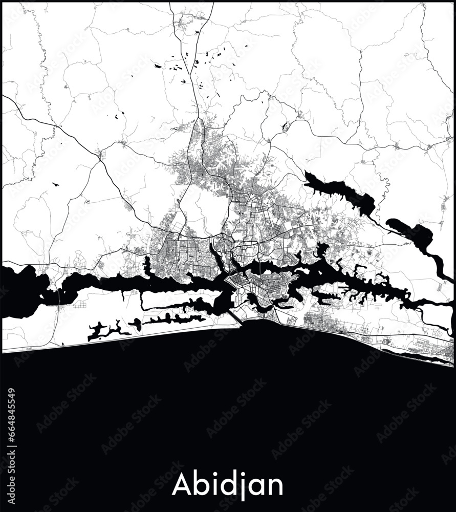 Abidjan Minimal City Map (Ivory Coast, Africa) black white vector ...