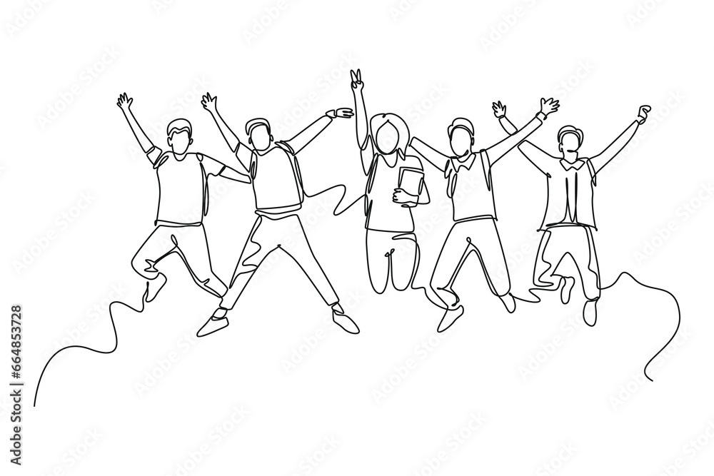 Single continuous line drawing group young happy male and female ...