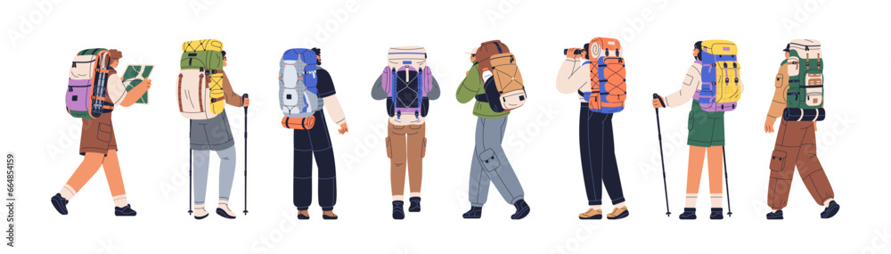 Hikers with hiking backpacks. People travel with adventure luggage on ...
