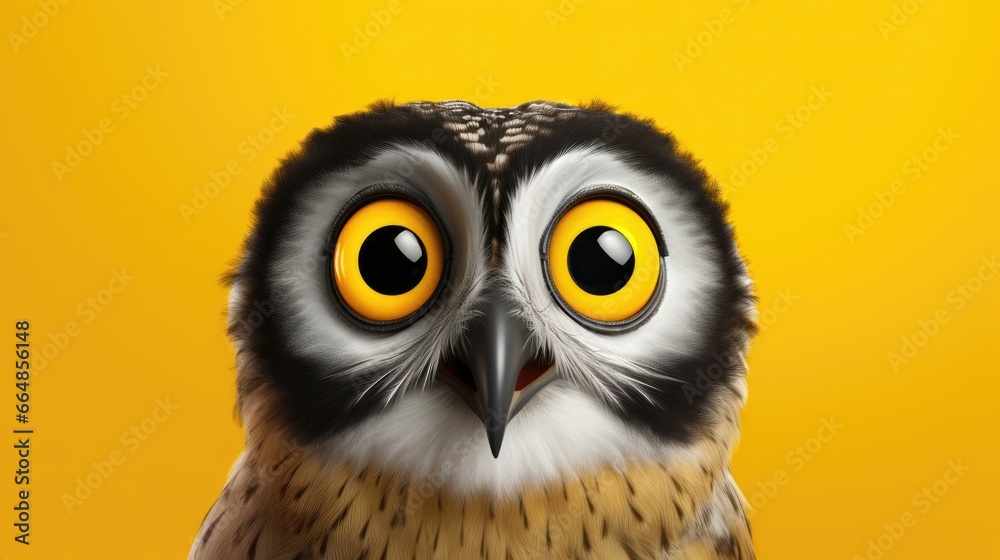 Shocked owl with big eyes isolated on yellow background, cute and ...