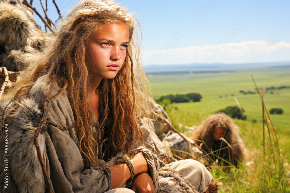 Teenage cavewoman on cliff watching wild animals in plains. Stock Photo ...