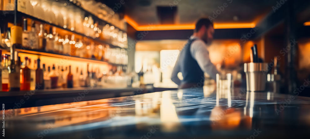 Blur shot of classic luxury counter bar drink.cocktail bartender with light gold bokeh ...