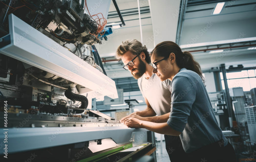 Two caucasian engineers electrical electronic man and woman set up ...