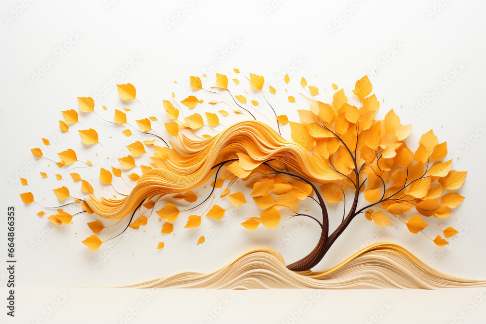 Serene beauty of an autumn tree as golden leaves rustle in the wind ...