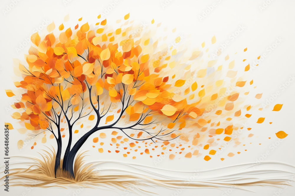 Serene beauty of an autumn tree as golden leaves rustle in the wind ...