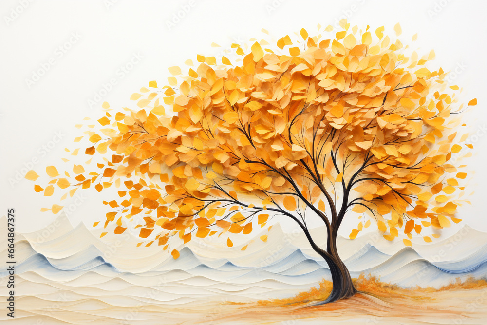 Serene beauty of an autumn tree as golden leaves rustle in the wind ...