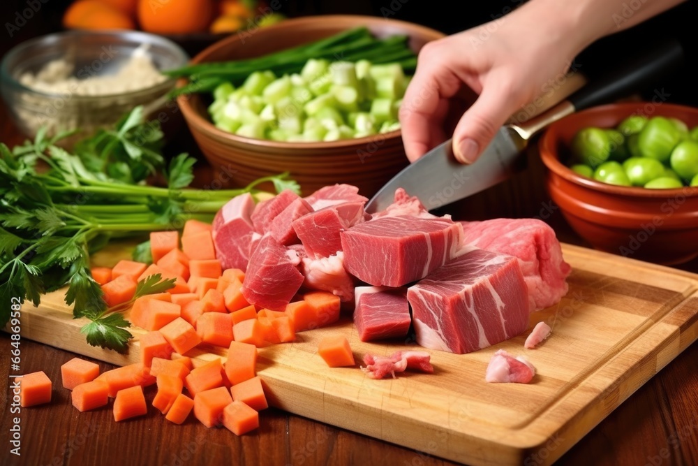 hand adding thick cut vegetables into beef stew Stock Photo | Adobe Stock