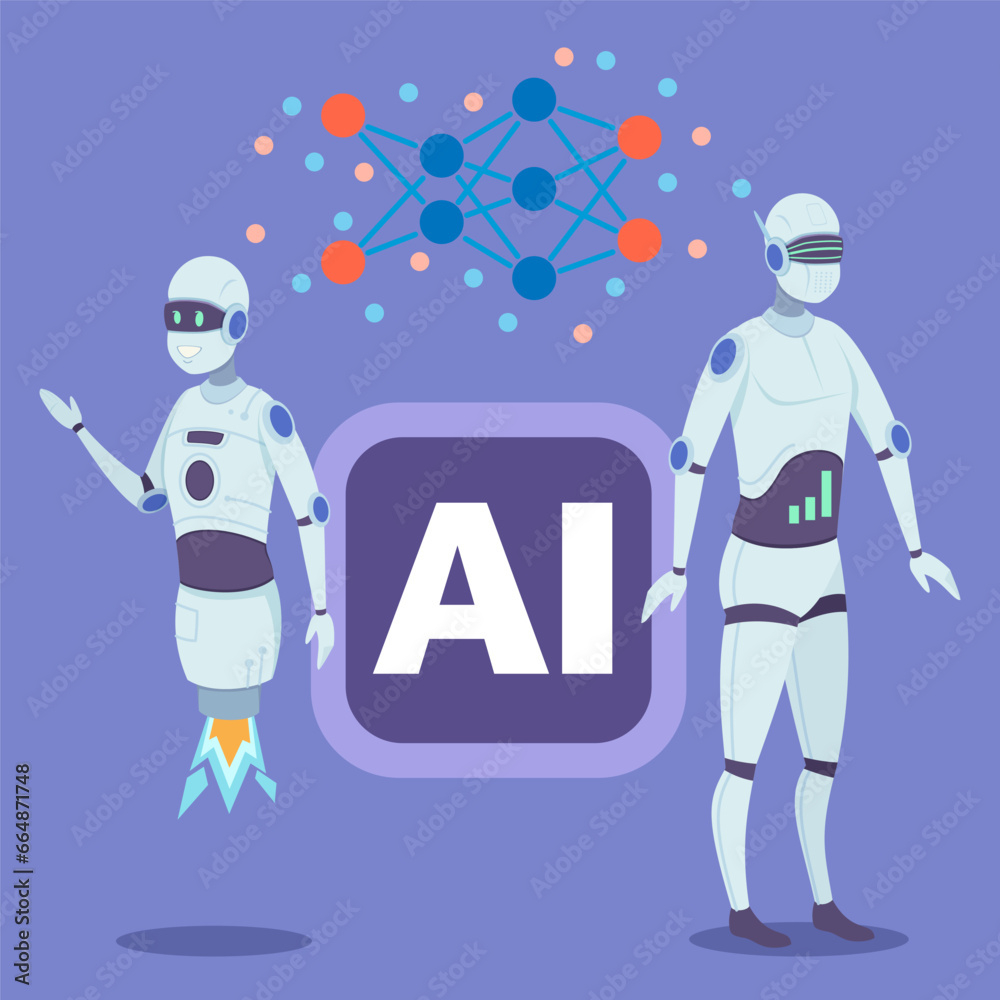 Two humanoid robots vector illustration. Neural connections, AI ...
