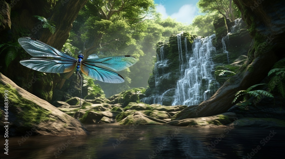 A dragonfly gracefully hovering near a cascading waterfall, its wings ...