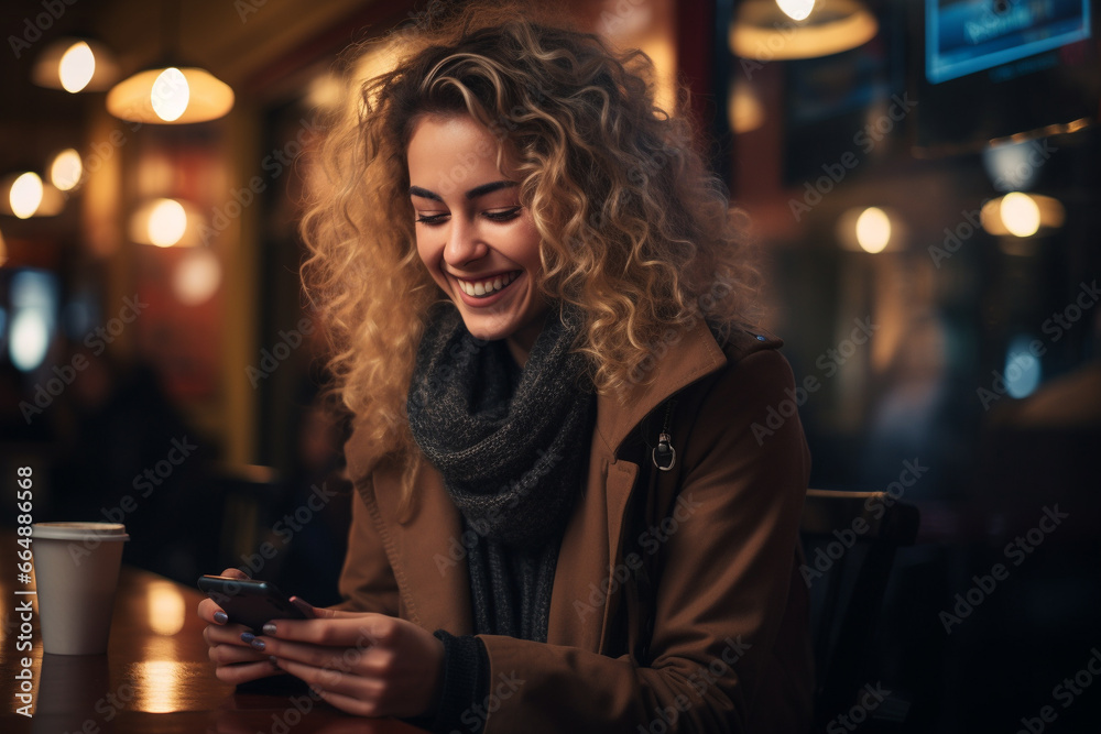 Beautiful woman as she smiles while gazing at her mobile phone ...