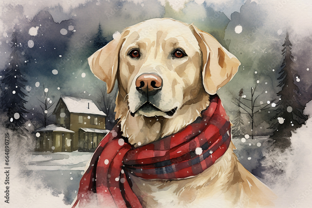 Christmas theme watercolour illustration of a golden Labrador wearing a ...