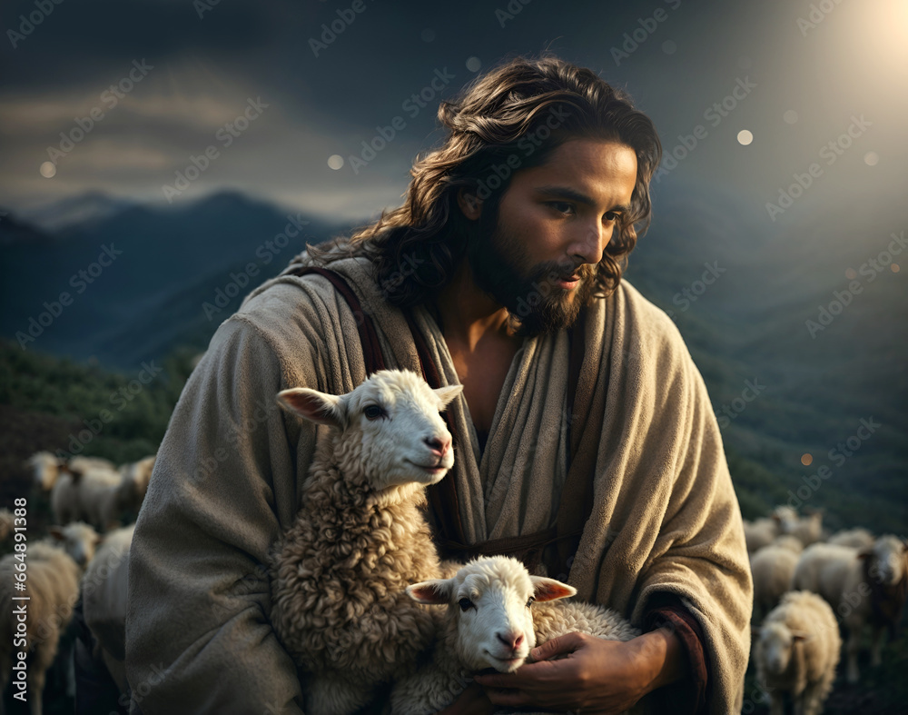 Jesus Christ embracing the sheep. Religious biblical concept Stock ...