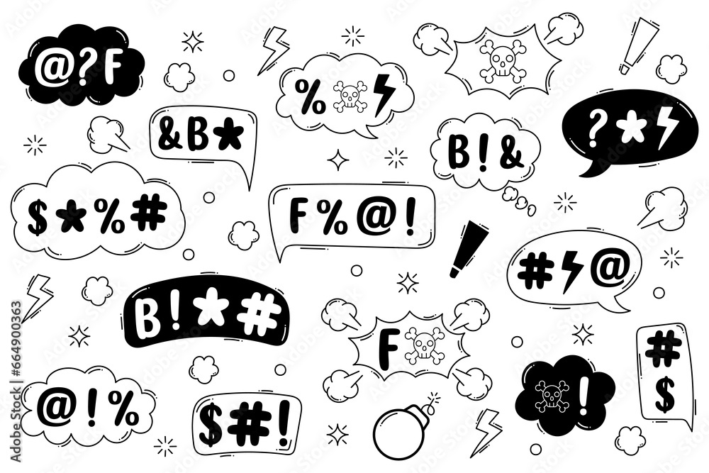 Set of hand drawn speech bubbles with swear word in doodle style. Curse ...