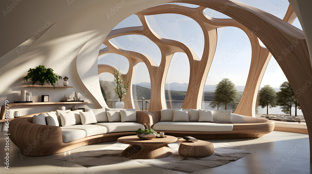 Abstract wooden arched ceiling and wall with curved lines. Interior ...