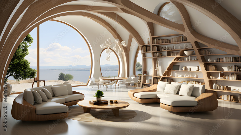 Abstract wooden arched ceiling and wall with curved lines. Interior ...