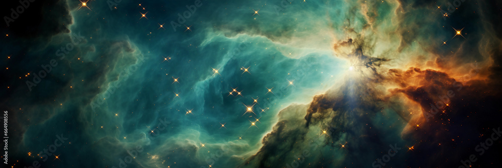 Orion Nebula in full bloom, bright core and wispy outer edges, teal and ...