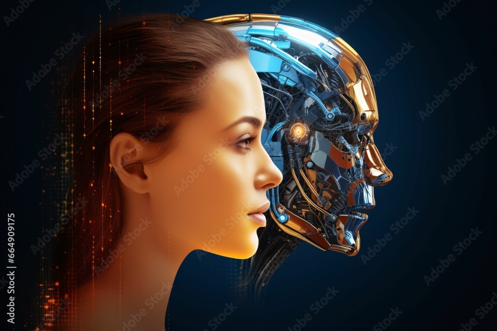 a human profile merging seamlessly into a metallic robot face ...