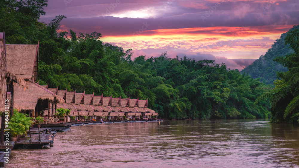 Tropical beach houses on the River Kwai in Thailand.Wooden floating ...