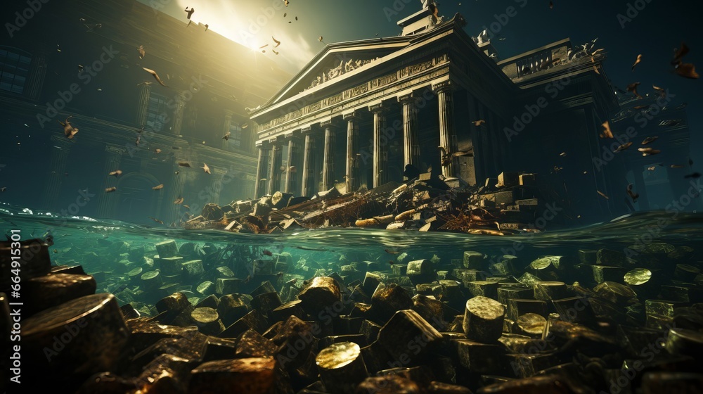 Banking crisis, depiction of a bank sinking underwater, representing ...