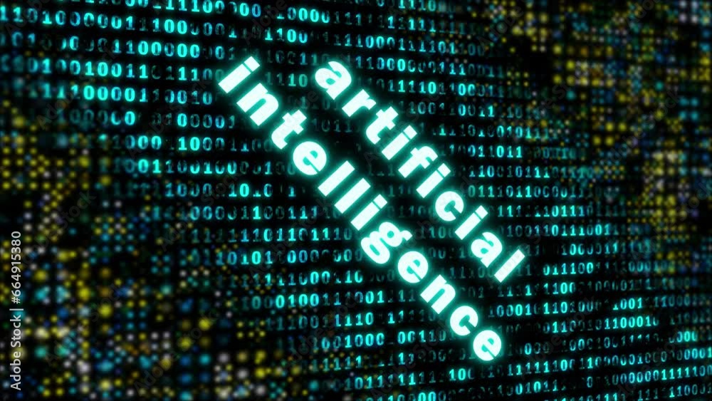 artificial intelligence word on binary moving code. bright ai ...