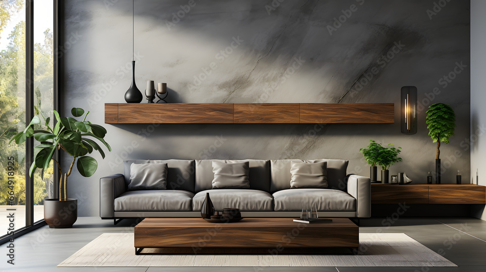 Gray sofa near wooden paneling wall and tv unit. Loft interior design ...