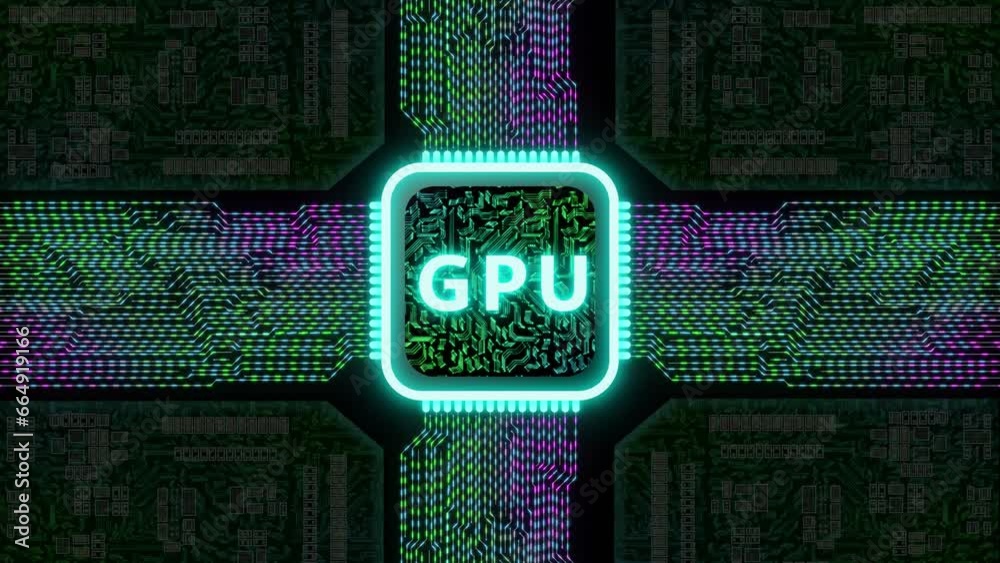 presenting gpu chipset animation with bright moving circuit lines and ...