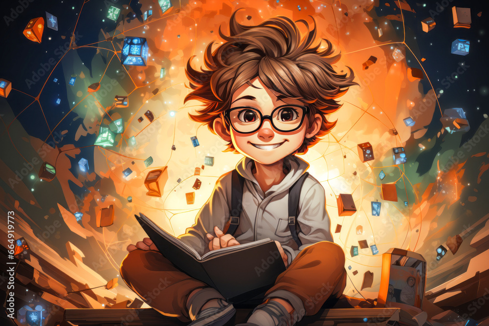 Chibi boy with glasses juggling numbers and shapes on cloud. Stock ...