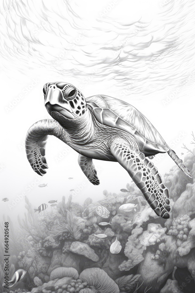 sketch of a Sea Turtle underwater scene in a line art hand drawn style ...