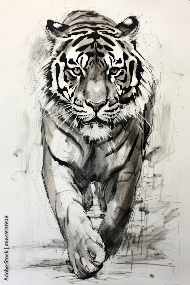 sketch of a walking sneaking Tiger in a line art hand drawn style Stock ...