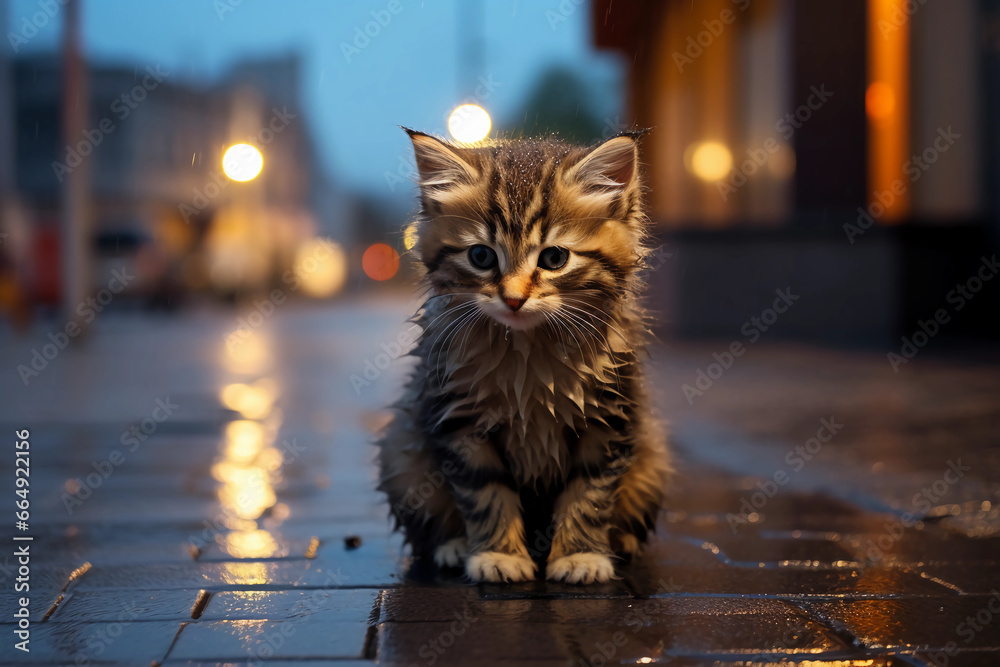 A cute homeless kitten is sitting in the rain on the street. The ...