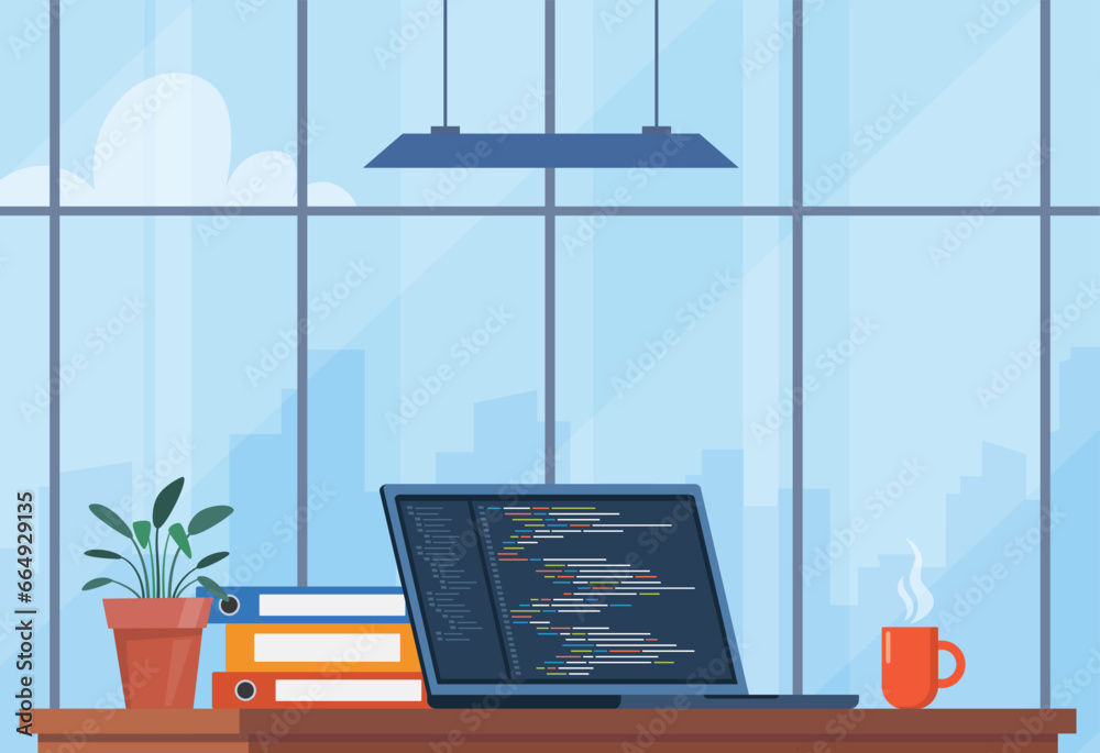 Laptop with cup of coffee and plant in pot. Workplace of coder, online programmer. Coding and ...