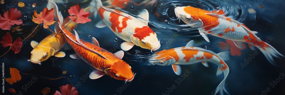 Colorful koi fish gracefully swim in a tranquil pond. This artistic ...