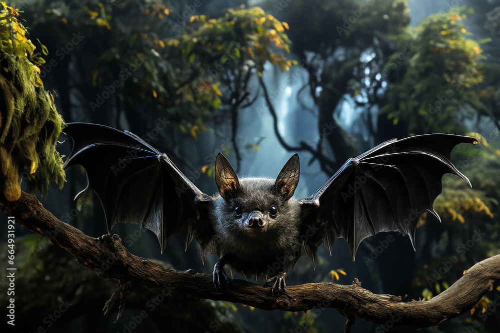 A photograph of a bat hanging upside down from a branch or cave ceiling ...