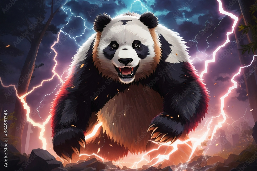 oso panda agresivo en una batalla con rayos y truenos, lucha, pelea ...