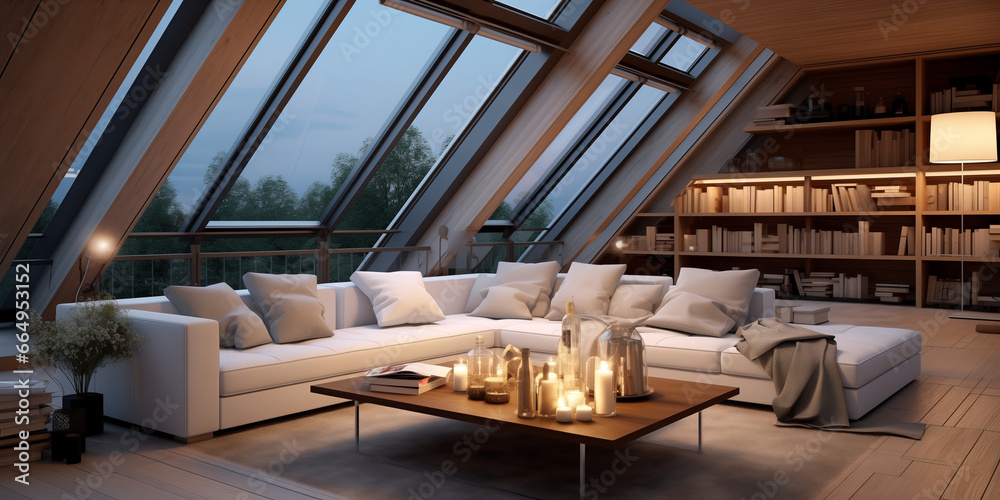 A modern attic or loft inside is a stylish and functional living space ...