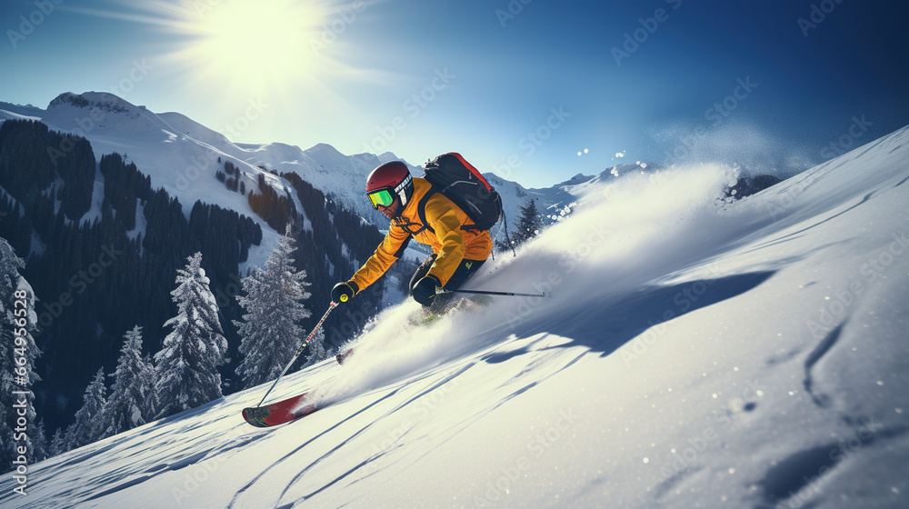 Graceful Skier Descending a Snowy Mountain Stock Photo | Adobe Stock
