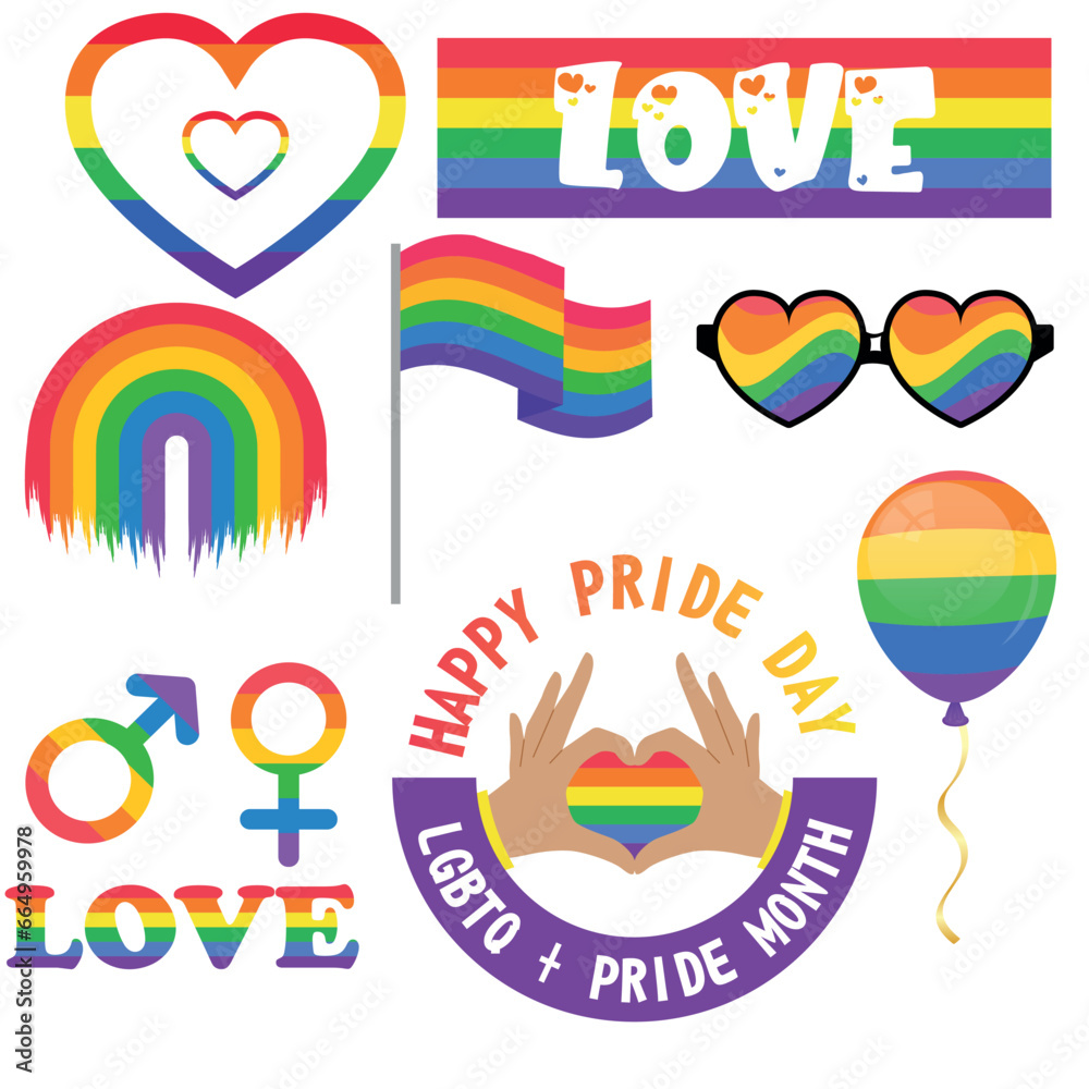 Vector set of LGBTQ community symbols with pride flags, gender signs ...