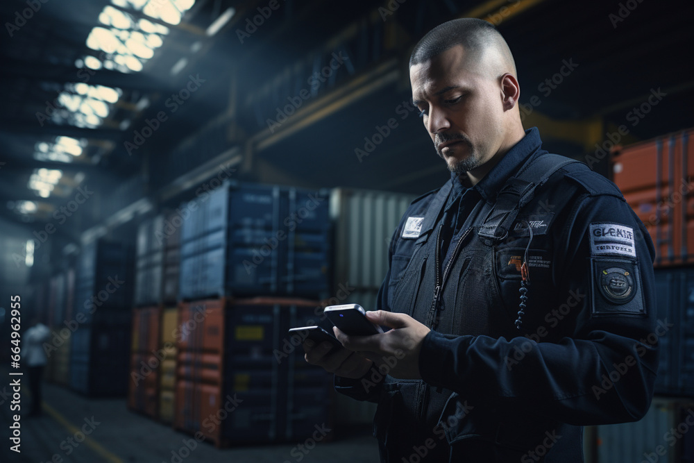 Customs officers use handheld devices to scan barcodes on containers ...