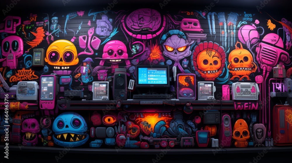 ภาพประกอบสต็อก A vibrant wall mural showcases a mix of happy and sad ...