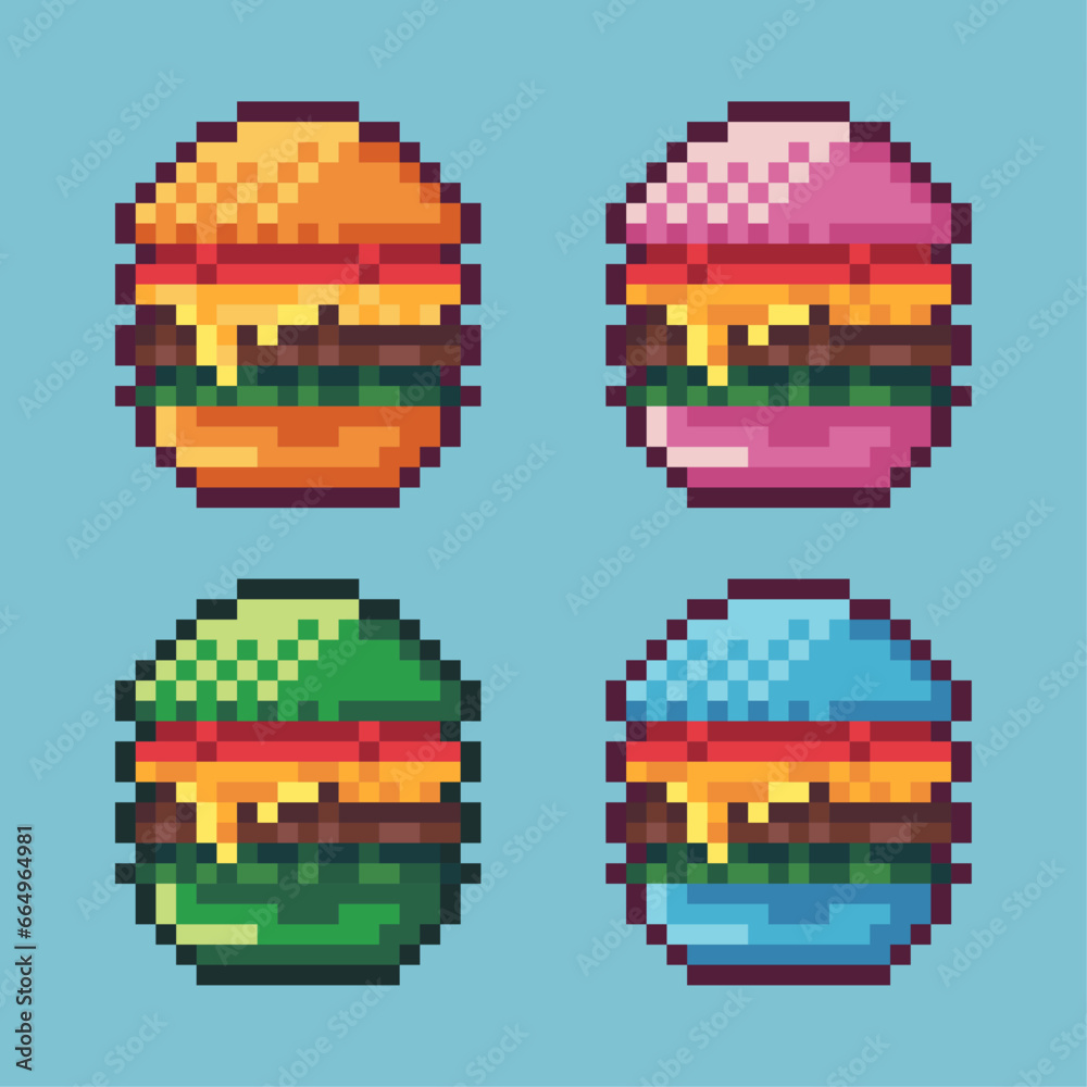 Pixel art sets of burger fastfood with variation color item asset ...