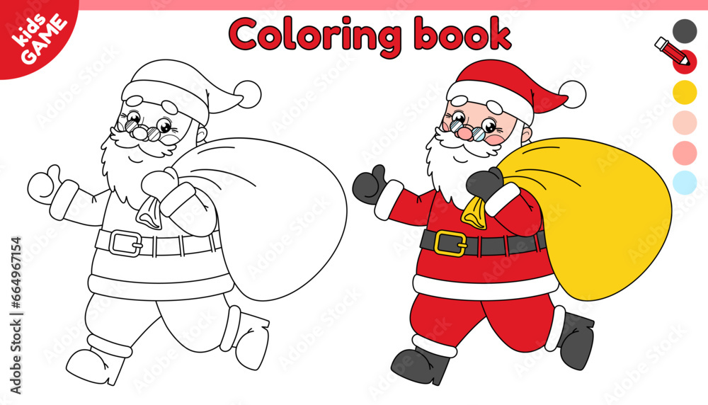 Cartoon happy Santa Claus running with a bag of gifts. Page of kids ...