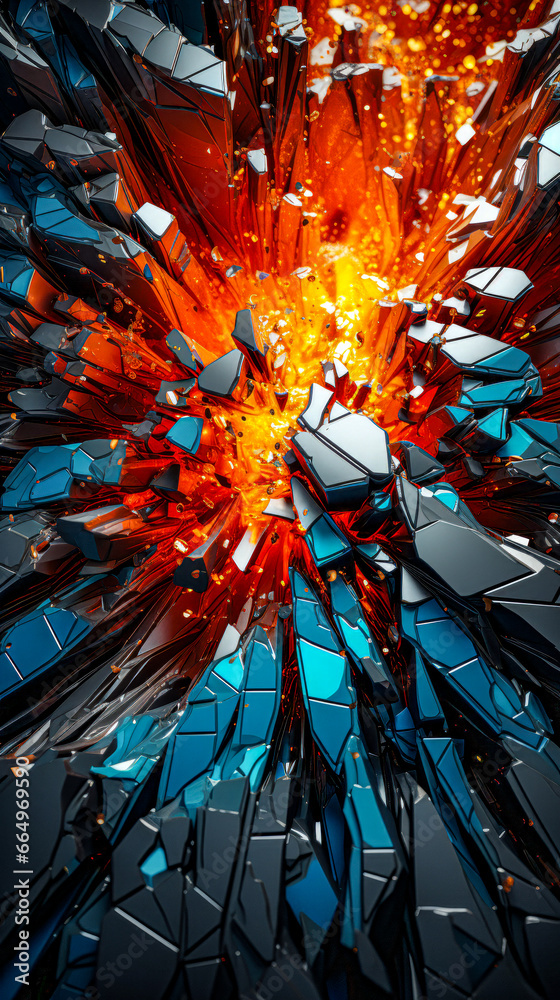 Cracked wall with a bright fire inside, abstract background. Futuristic ...